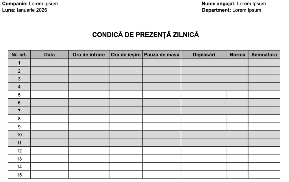 Condica de prezență zilnică - model editabil