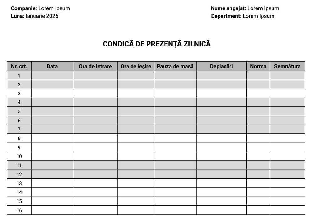 Condica de prezență zilnică - model editabil